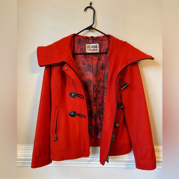 Guess | Jackets & Coats | Guess Los Angeles Red Pea Coat Hood Full Zip ...